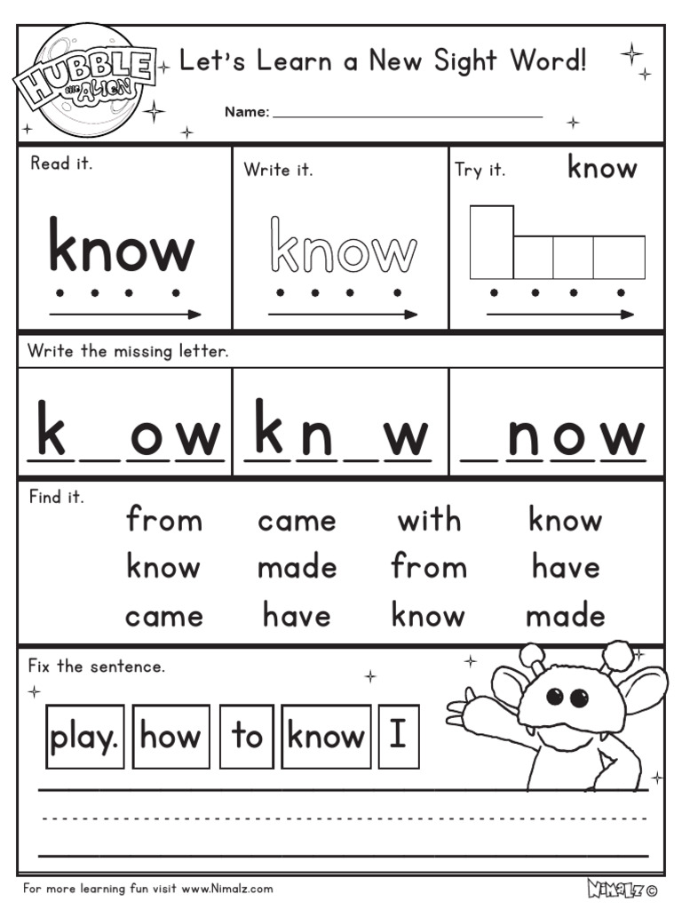 Know FreeSightWordWorksheetswithHubbleNimalzKidz 1 | PDF