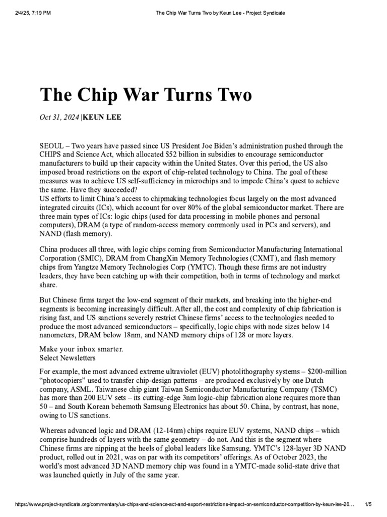 The Chip War Turns Two by Keun Lee - Project Syndicate | PDF