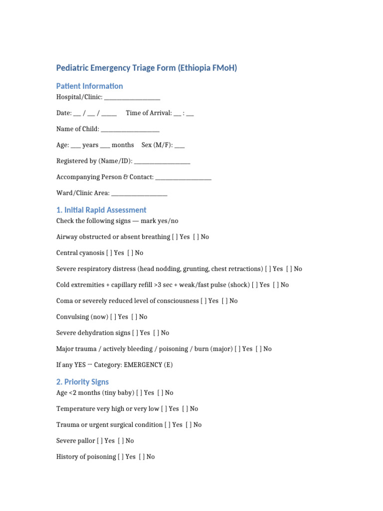 Pediatric Emergency Triage Form FMoH Ethiopia v2 | PDF | Medicine ...