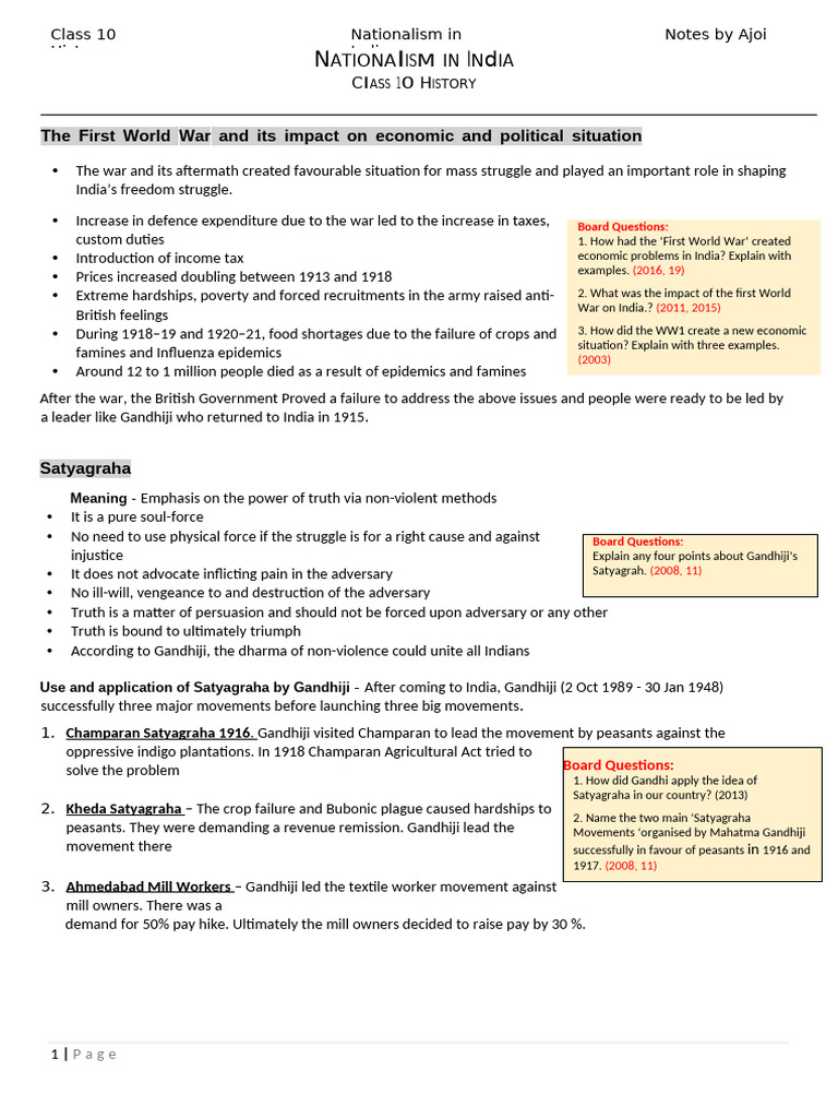 Nationalism in India Notes With Board Questions | PDF | Mahatma Gandhi ...
