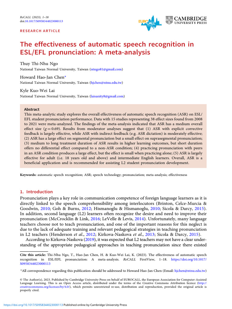 ASR Impact on ESL/EFL Pronunciation | PDF | Speech Recognition | Effect ...
