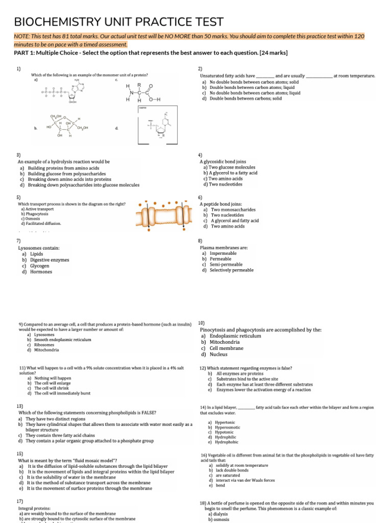 Biochemistry Practice Test Guide | PDF | Cell Membrane | Enzyme Inhibitor