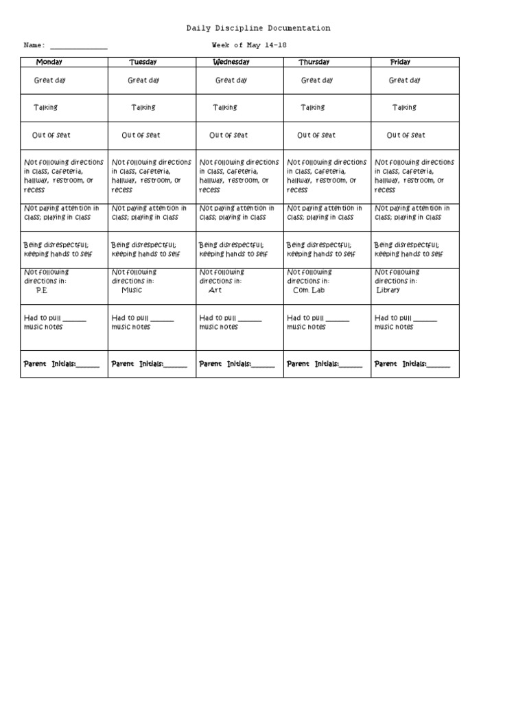 Weekly Student Behavior Log | PDF | Language Arts & Discipline