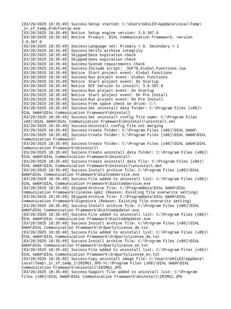 DIAL Communication Framework Setup Log | PDF | Text File | Computer File