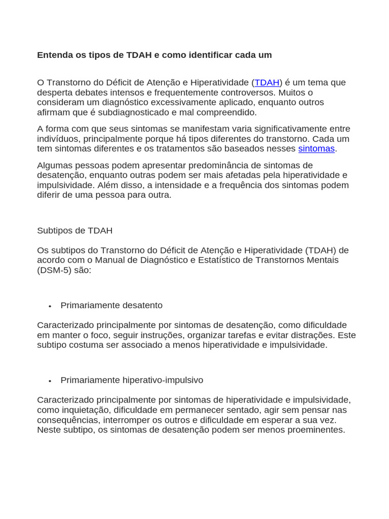 Tipos de TDAH: Identificação e Sintomas | PDF | Transtorno de déficit ...