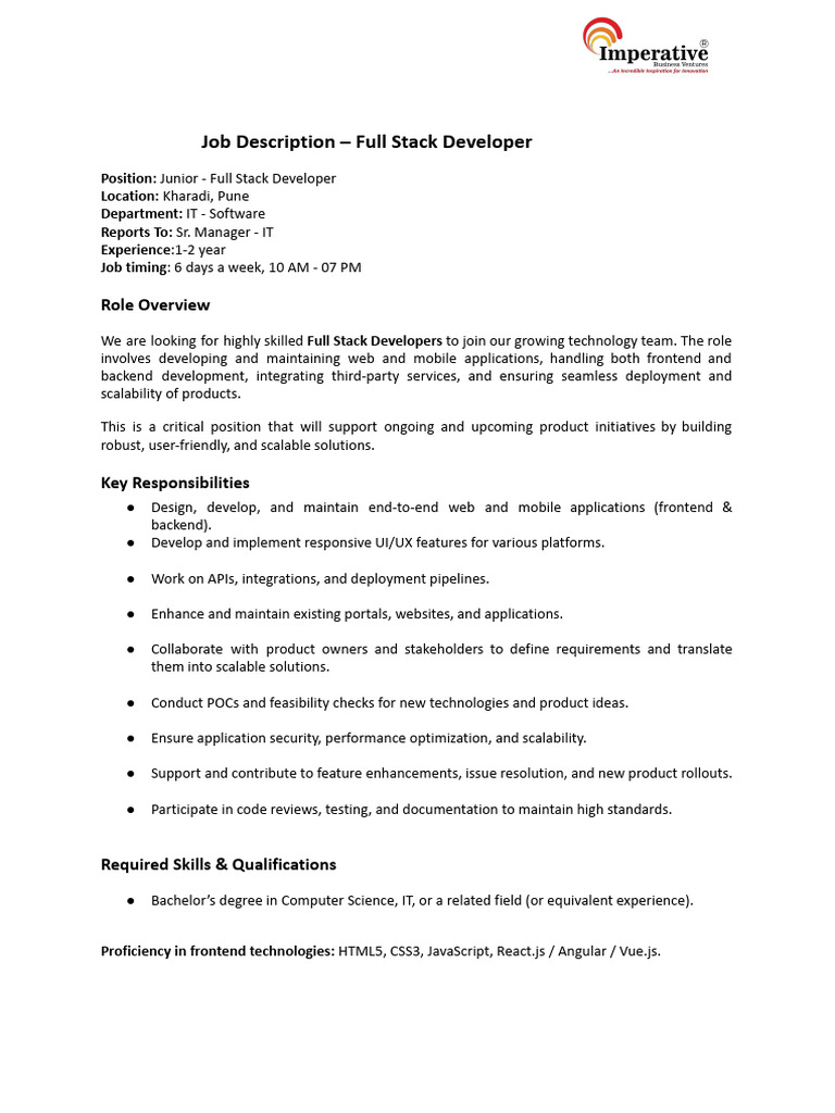Job Description - Junior Full Stack Developer, Pune | PDF | Software Development | Information ...
