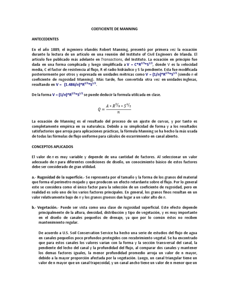 Coeficiente de Manning | PDF | Canal | Ingeniero civil