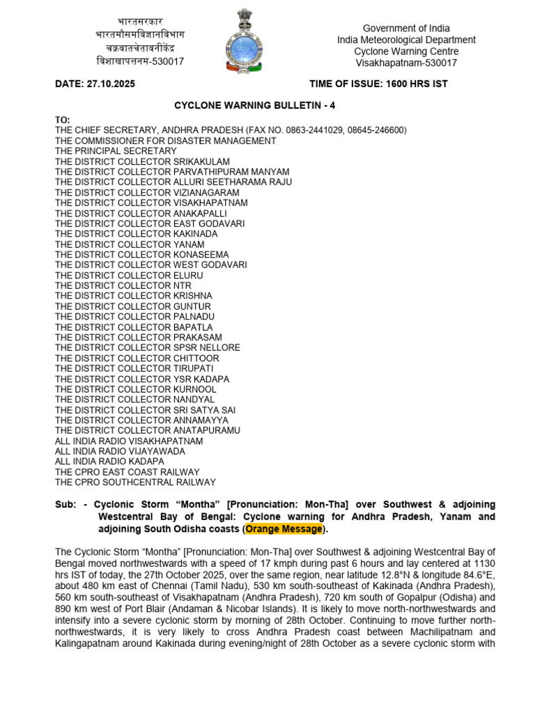 CYCLONE WARNING BULLETIN 4 DATED 27.10.2025 1600 HRS IST | PDF ...