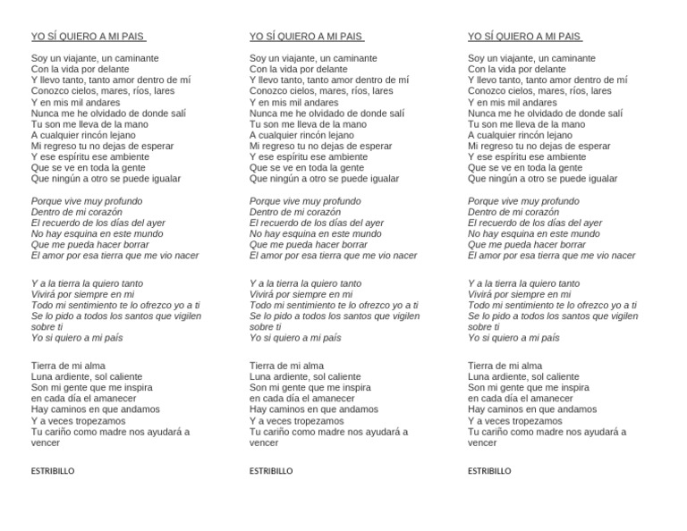 Yo Sí Quiero a Mi País: Letra Completa | PDF