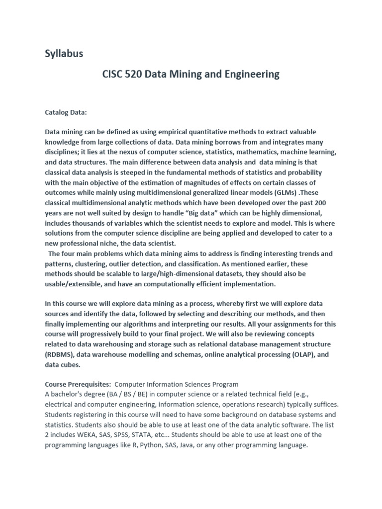 Data Engineering and Mining Syllabus 1 | PDF | Data | Function ...