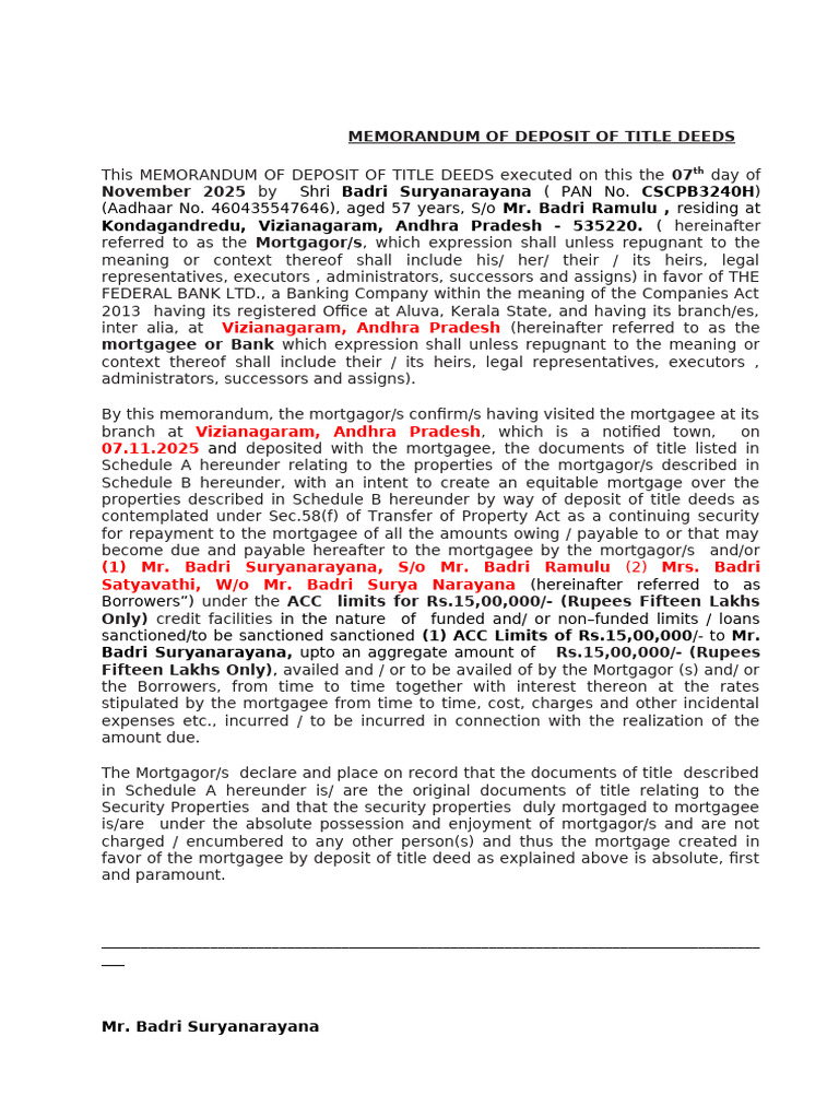 Memorandum of Title Deeds Deposit | PDF | Mortgage Law | Debt