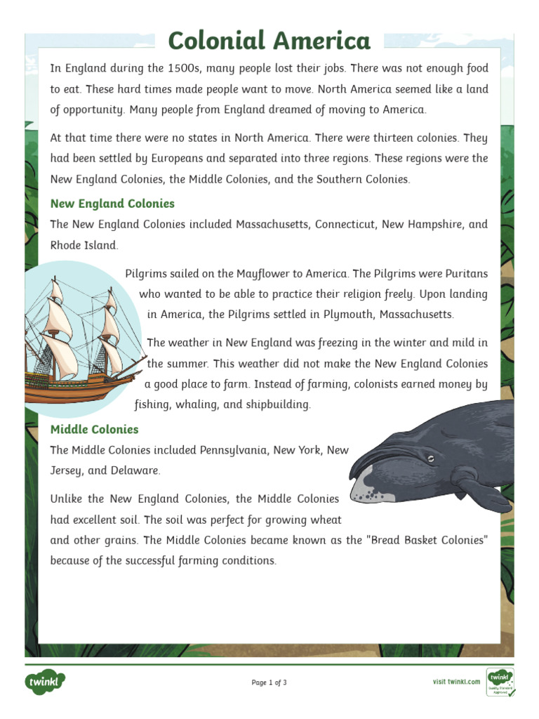 US2 H 249 Fourth Grade Colonial America Reading Comprehension Activity ...