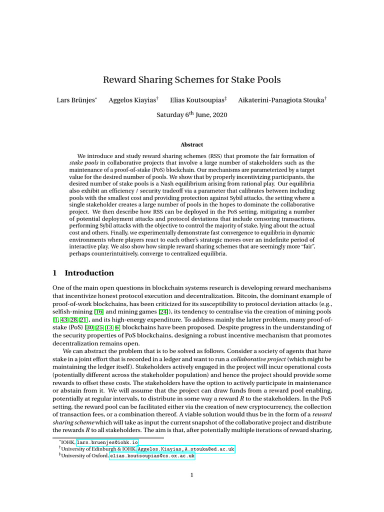 Reward Sharing Schemes For Stake Pools | PDF | Economic Equilibrium