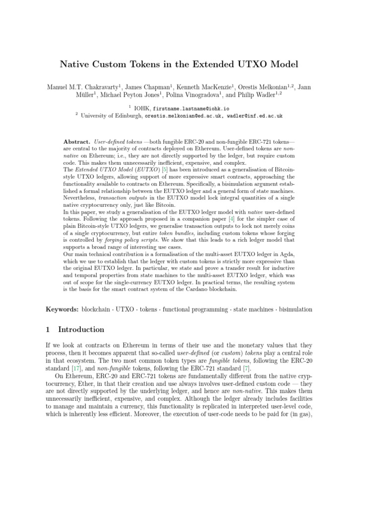 Native Custom Tokens in The Extended UTXO Model | PDF | Securitization ...