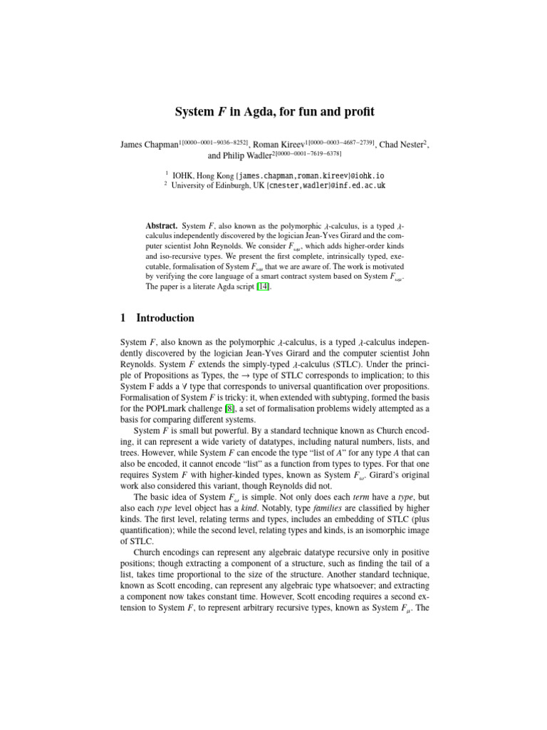 Chapman Et Al. - 2019 - System F in Agda, For Fun and Profit | PDF | Function (Mathematics ...
