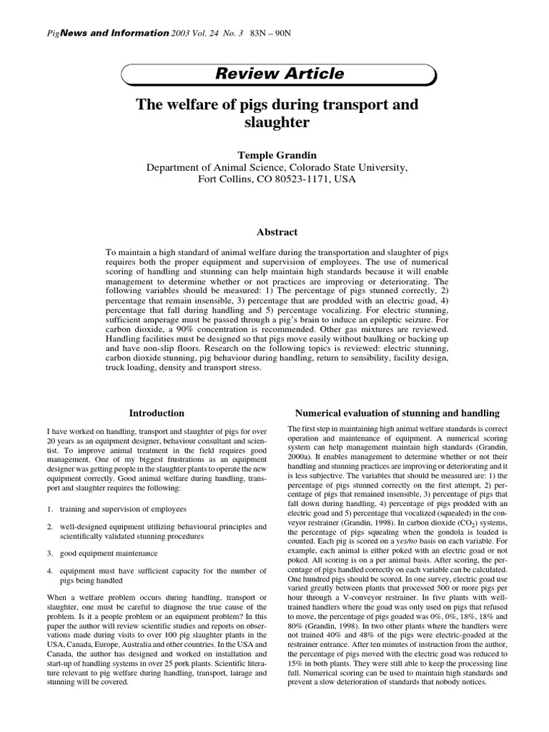 The Welfare of Pigs During Transport and Slaughter: Review Article ...