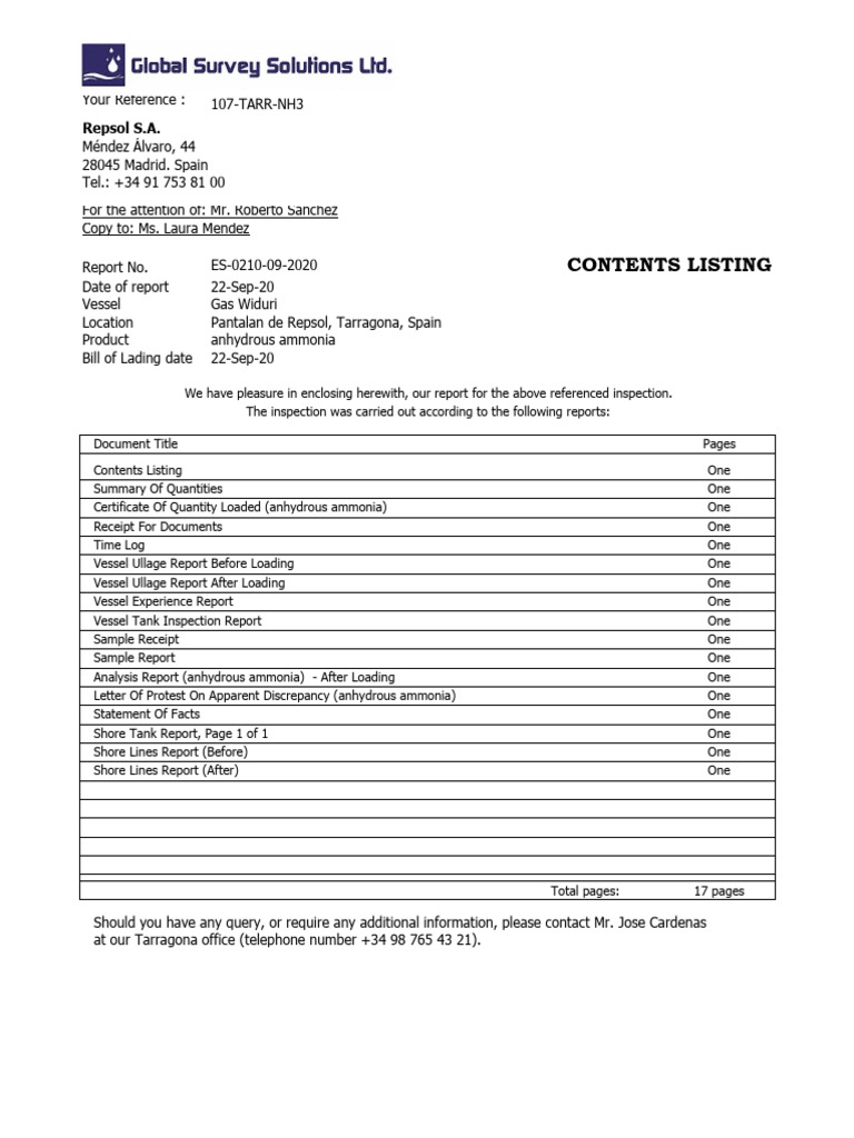 Example of Ship Loading Report by Ship NH3 EU | PDF | Density | Pressure