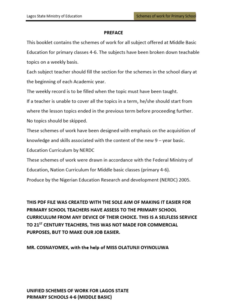 Lagos State Scheme of Work For Primary 4 6 U08gbx 0111510400 | PDF ...