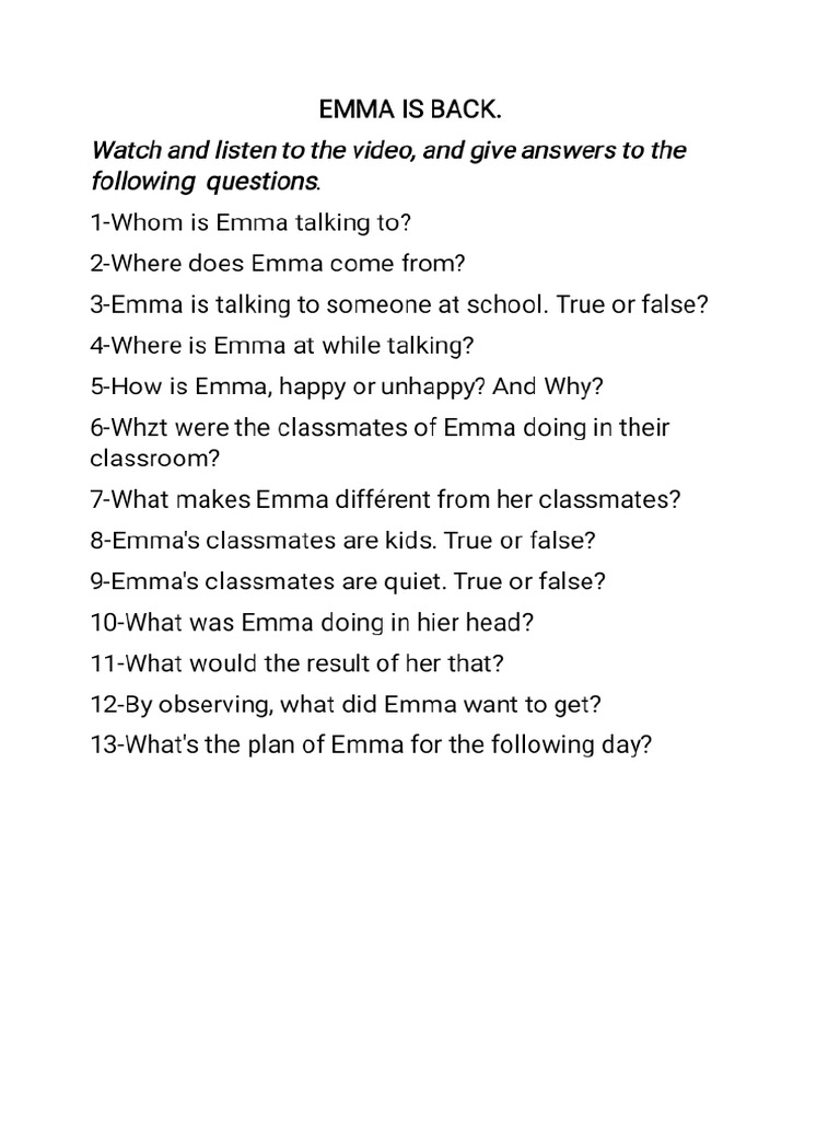 Emma Is Back - Questions | PDF
