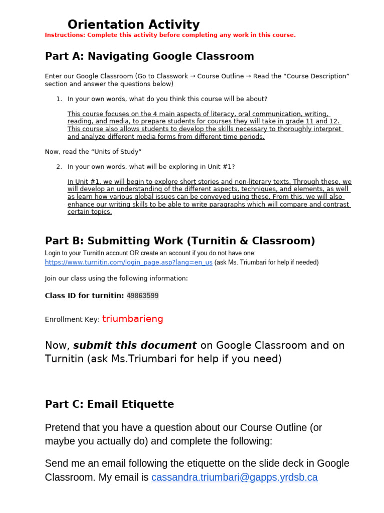 Turnitin Setup for Yrdsb Course | PDF