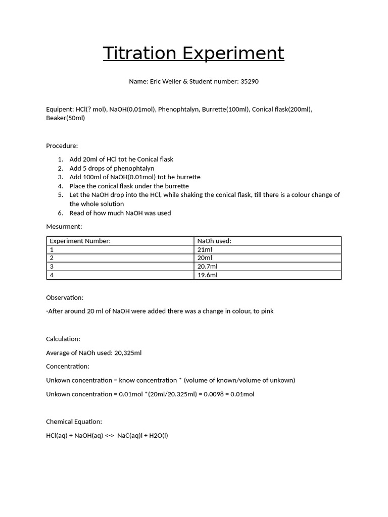 Titration Experiment Results and Analysis | PDF