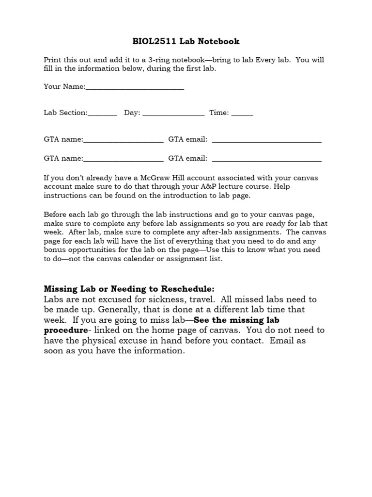 BIOL2511 Lab Notebook Instructions | PDF | Lung | Heart Valve