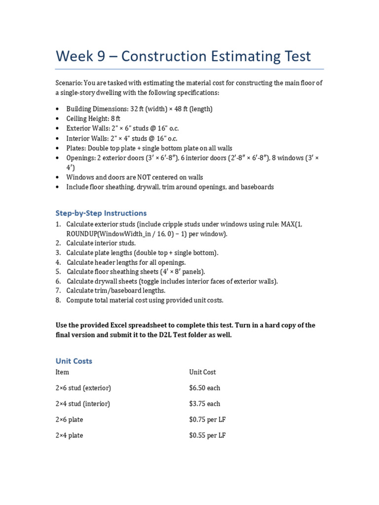 Construction Estimating Test Guide | PDF | Building Engineering