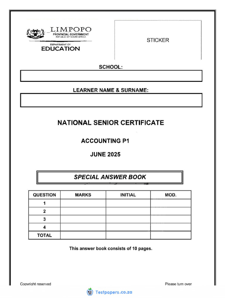 Accounting Grade 12 NSC ANSWER BOOK P1 May June 2025 Limpopo | PDF