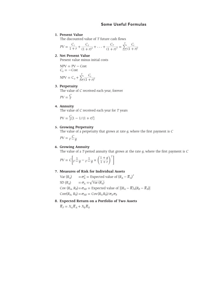 Formula Sheet Revised | PDF | Net Present Value | Present Value