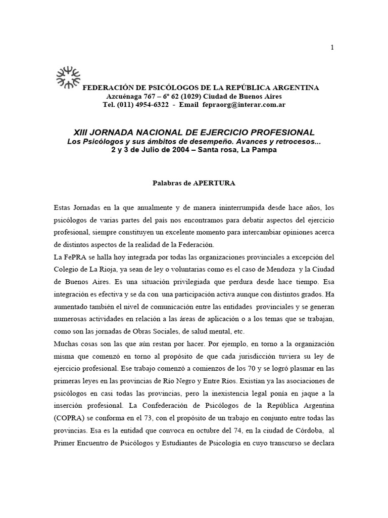 XIII Jornada Nacional de ejercicio Profesional 2004 Conclusiones | PDF | Sicología | Estado ...