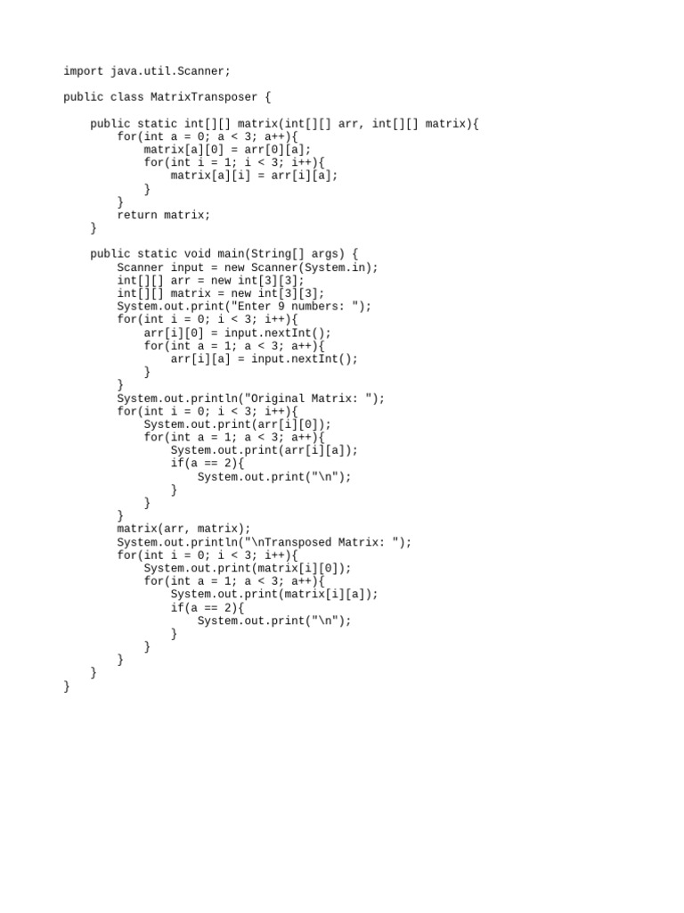 Java Matrix Transposition Example | PDF