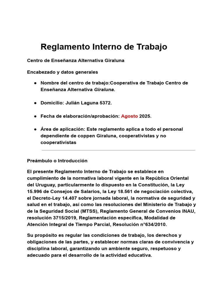 Reglamento Interno de Trabajo Giraluna | PDF | Derecho laboral | Justicia