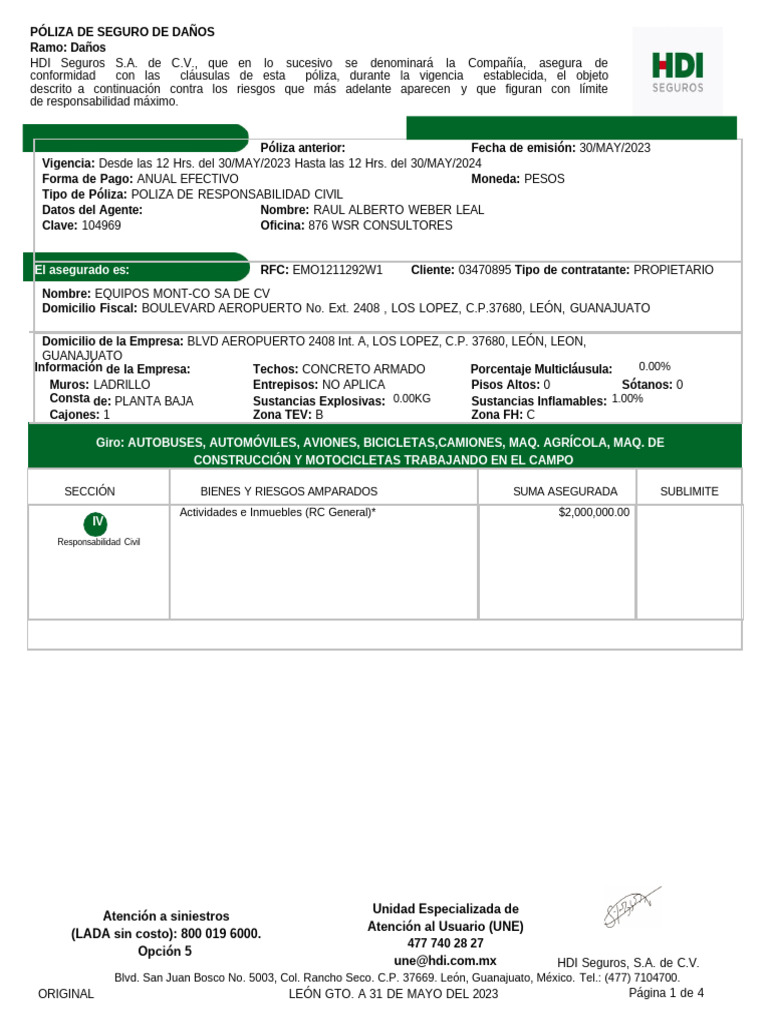 Poliza 876 4 30 Mayo 2024 Hdi 0200126373 | PDF | Póliza de seguros | Seguro