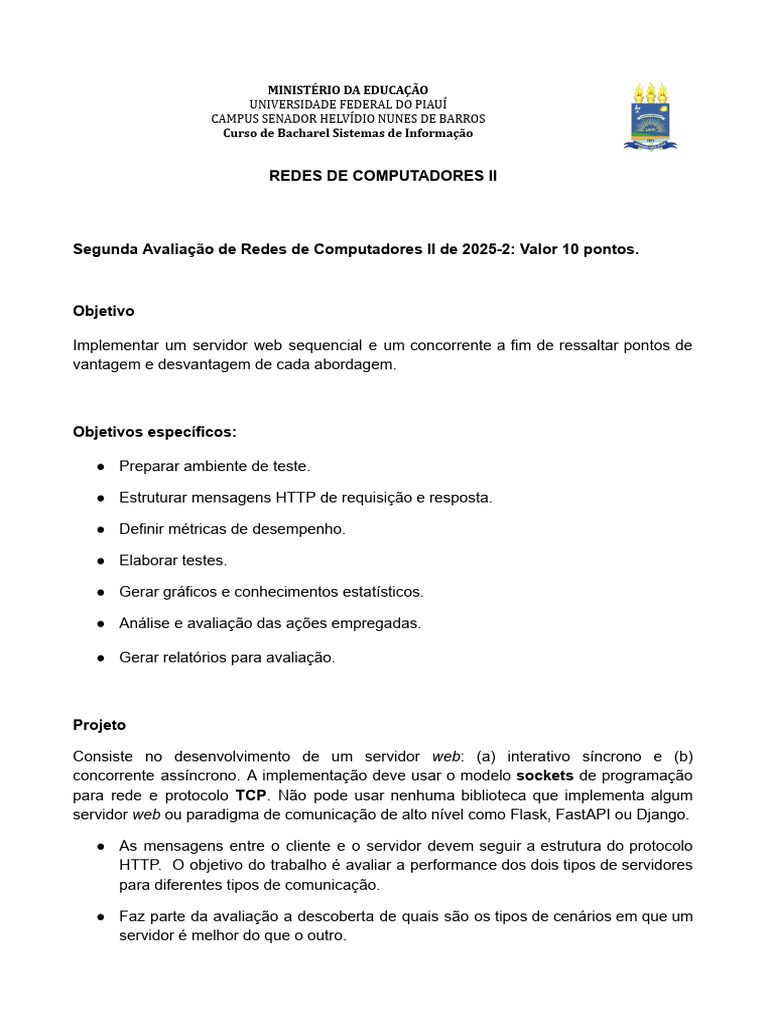 Avaliacao Redes 2 2025-2 | PDF | Rede de computadores | Informática