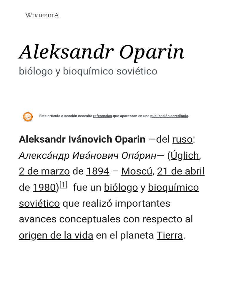 Aleksandr Oparin - Wikipedia, La Enciclopedia Libre | PDF | Química ...