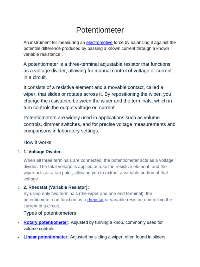 Potentiometer | PDF | Resistor | Electrical Engineering