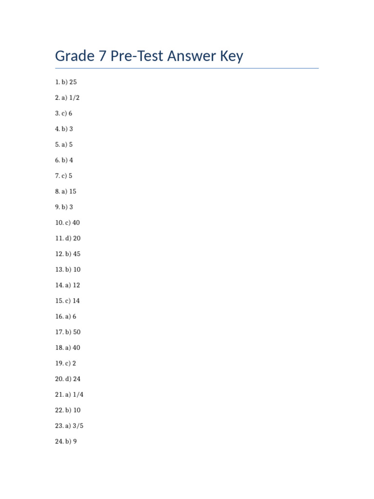 Grade 7 Pre-Test Answer Key | PDF