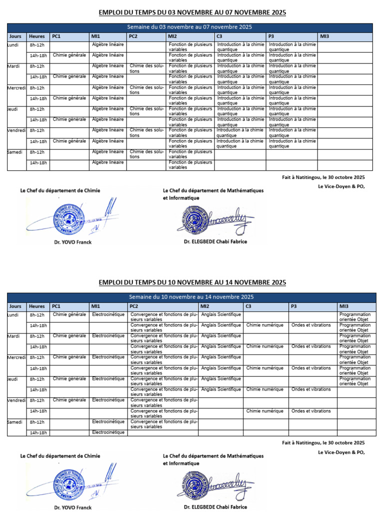 Emploi du temps 3-14 novembre 2025 | PDF | Sciences physiques | Physique