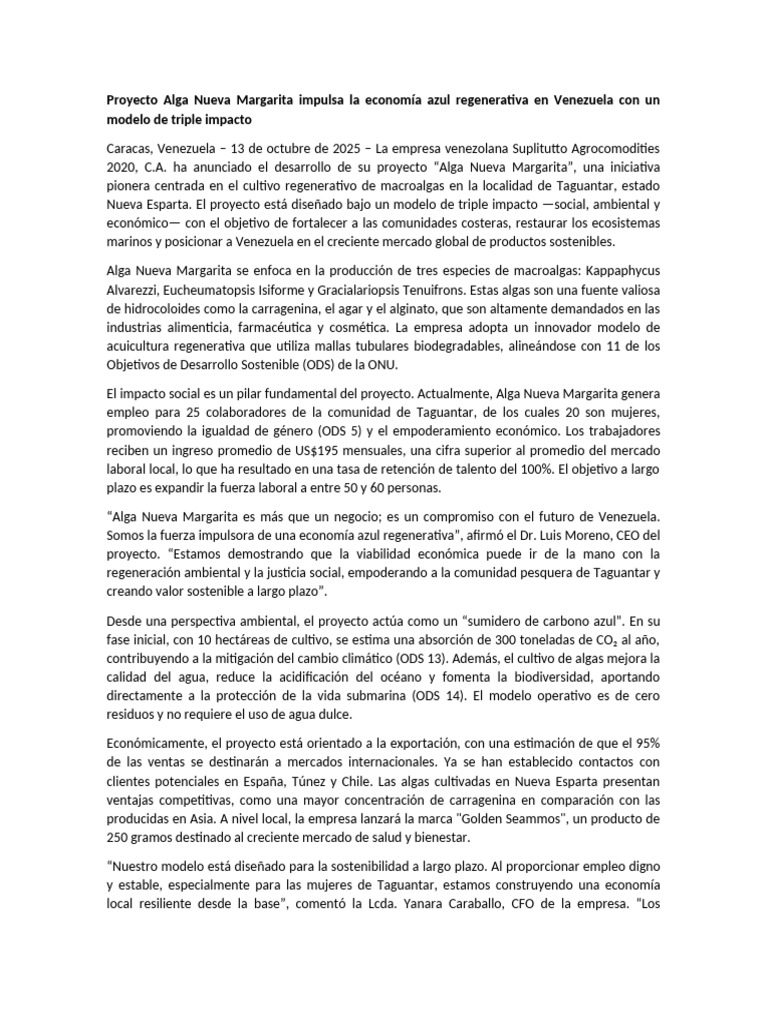 NOTA de PRENSA Proyecto Alga Nueva Margarita Impulsa La Economía Azul Regenerativa en Venezuela ...