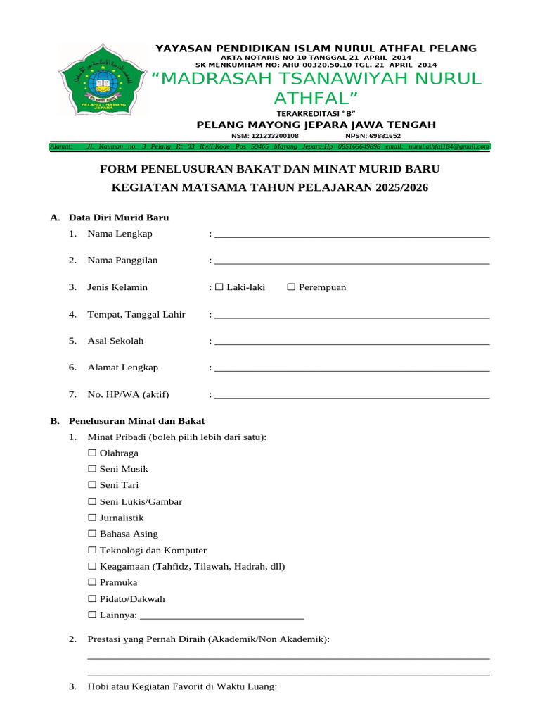 Form Bakat Dan Minat | PDF