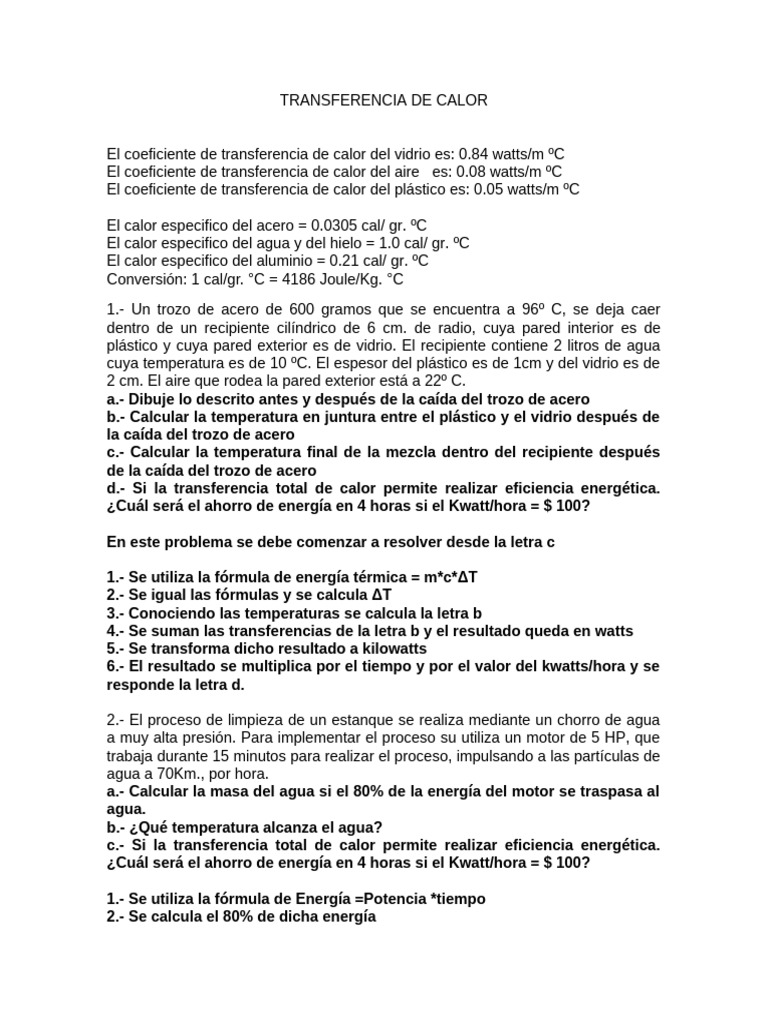 Guía de Ejercicios Transferencia de Calor Indicando Los Pasos A Seguir ...