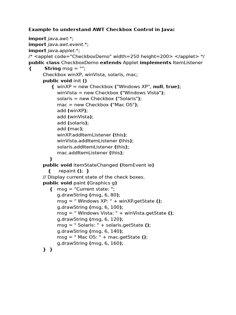Example To Understand AWT Checkbox Control in Java | PDF | Graphical User Interfaces | Ibm Pc ...