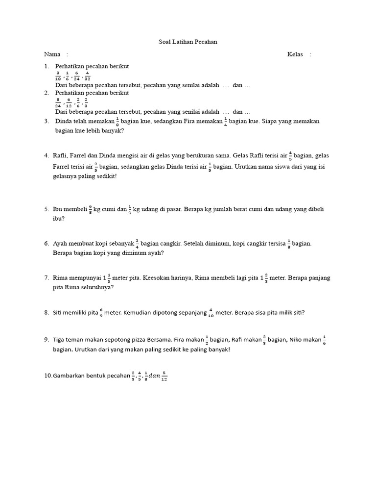 Kelas 4 Latihan PH Pecahan - Copy | PDF