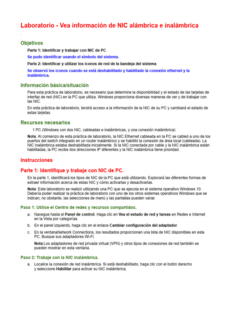 02 - Lab - Visualizar Informacion de Nic Cableada e Inalambrica | PDF ...