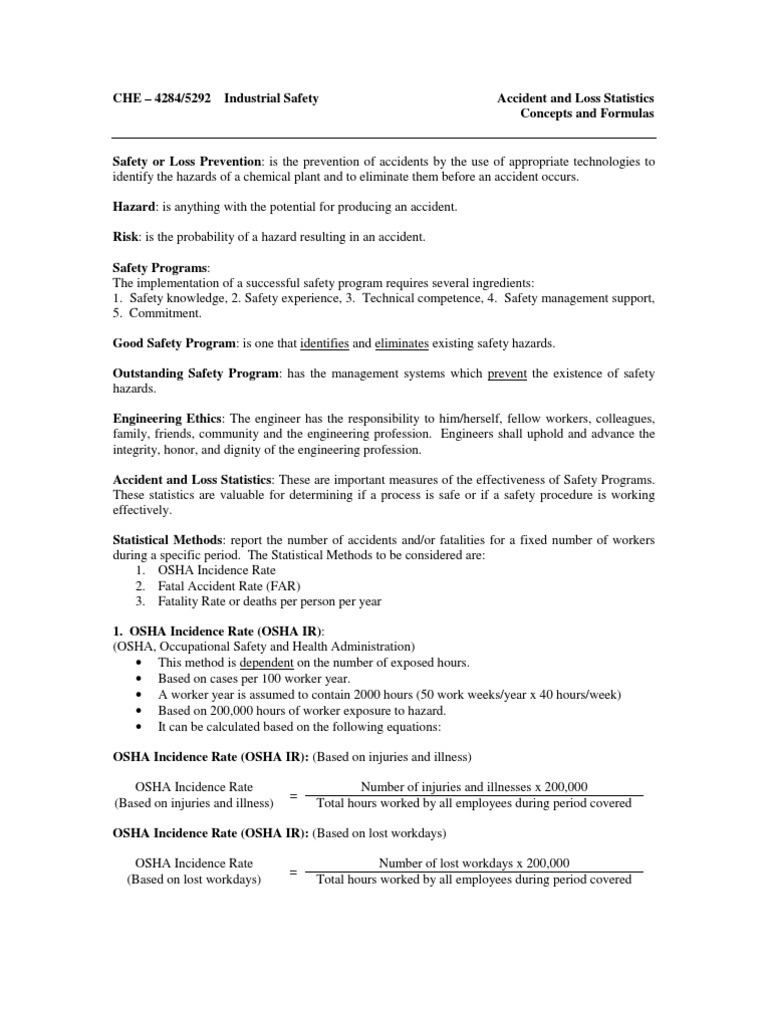 Accident and Loss Statistics - Formulas | PDF | Occupational Safety And ...