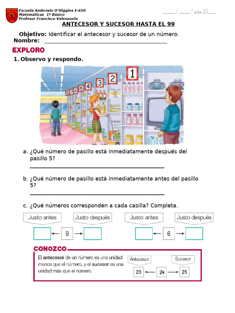 Antecesor y Sucesor en Matemáticas 1º Básico | PDF
