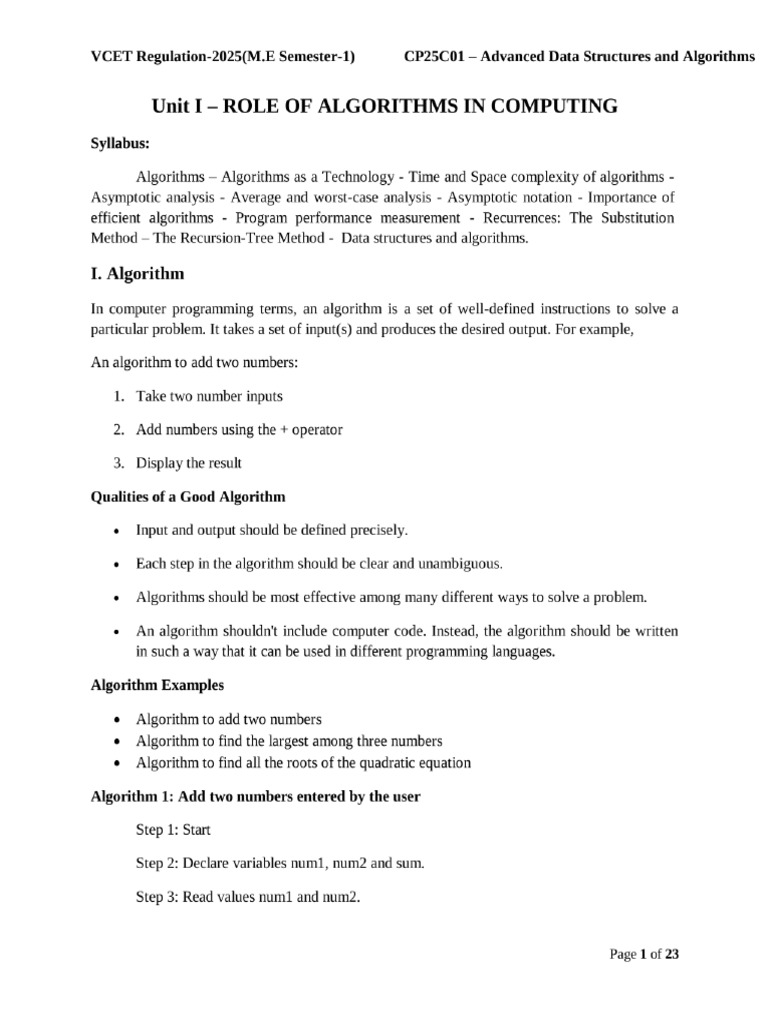 Unit I – ROLE OF ALGORITHMS IN COMPUTING | PDF