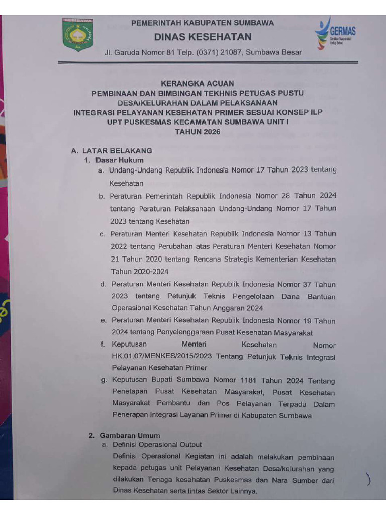 TOR Pendampingan Pelaksanaan ILP Di Pustu Dan Unit Pelayanan Kesehatan Desa Kelurahan (UPKD K ...