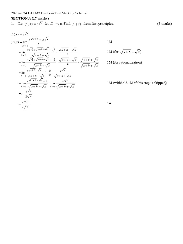 2023-2024 G11 M2 Uniform Test Marking Scheme 2 | PDF | Equations | Tangent