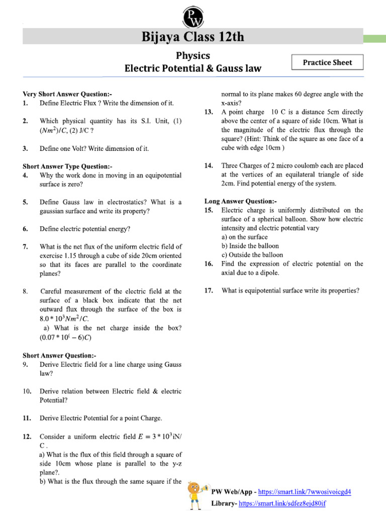 Electric Potential & Gauss Law (Practice Sheet) | PDF